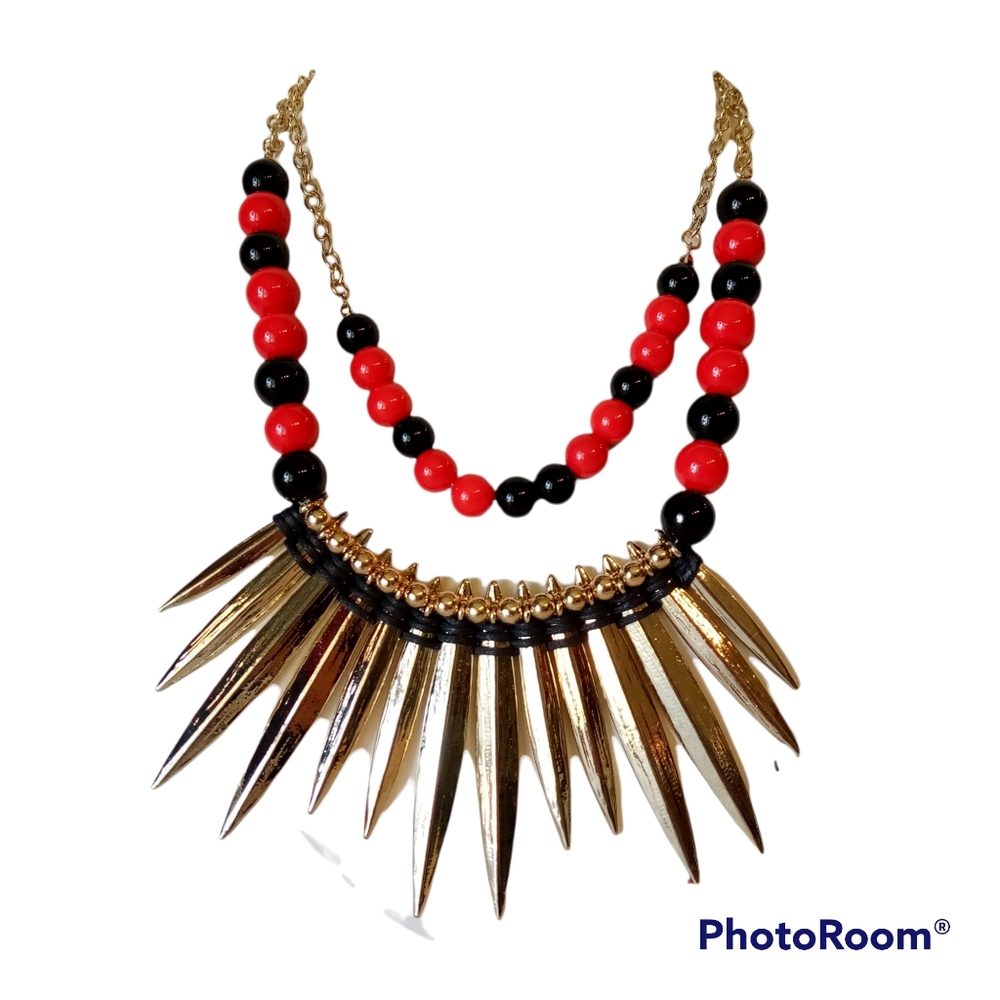 Gold-Tone Red/Black Bead Nwt Statement Necklace Gold … - Gem